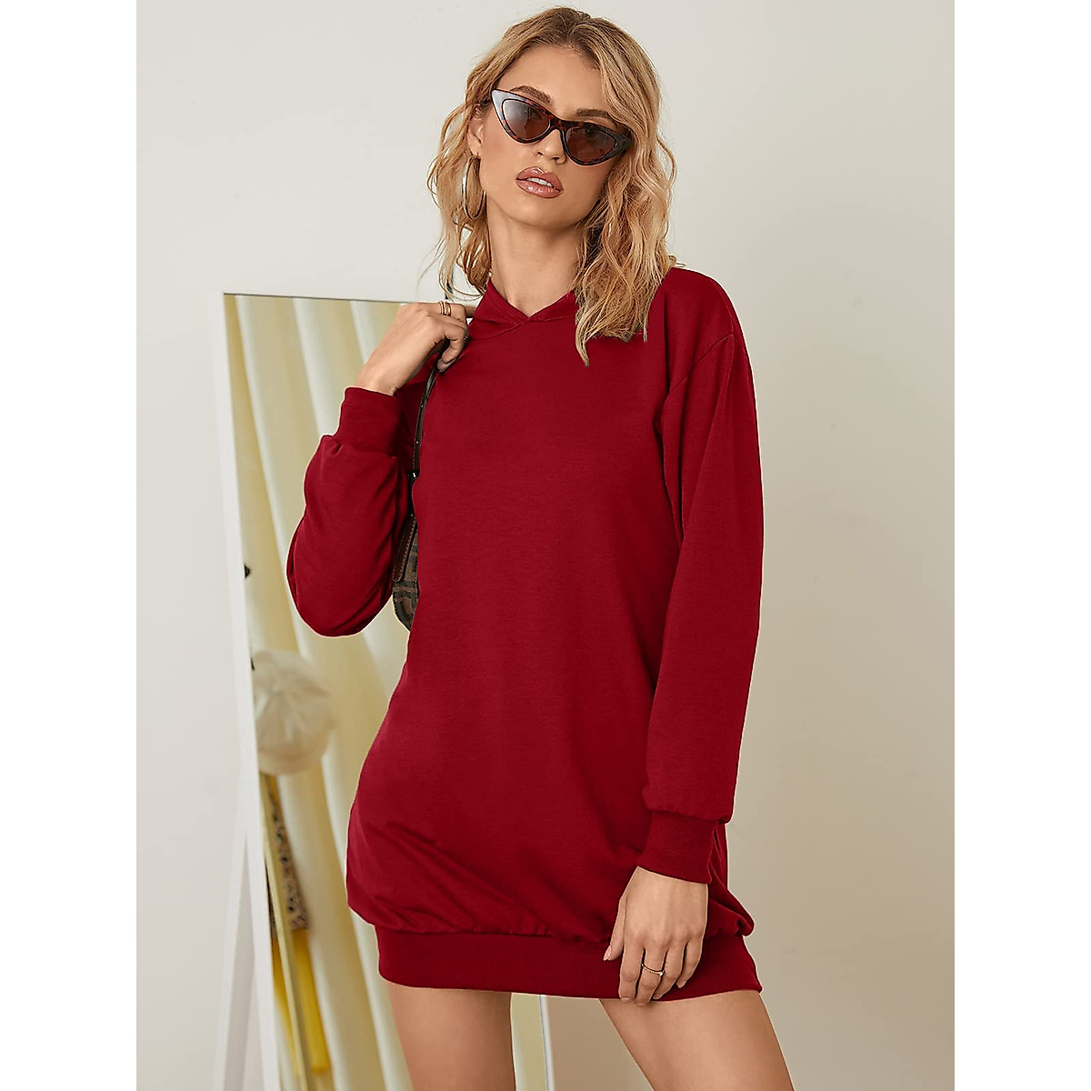 Auxo Women's Long Sleeve Hooded Pockets Pullover Hoodie Dress Tunic Sweatshirt Wine Red 2XL