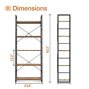 ODK 5 Tier Bookshelf, Industrial Open Bookcase Storage Organizer, Modern Tall Book Shelf for Bedroom, Living Room and Home Office, Rustic Brown
