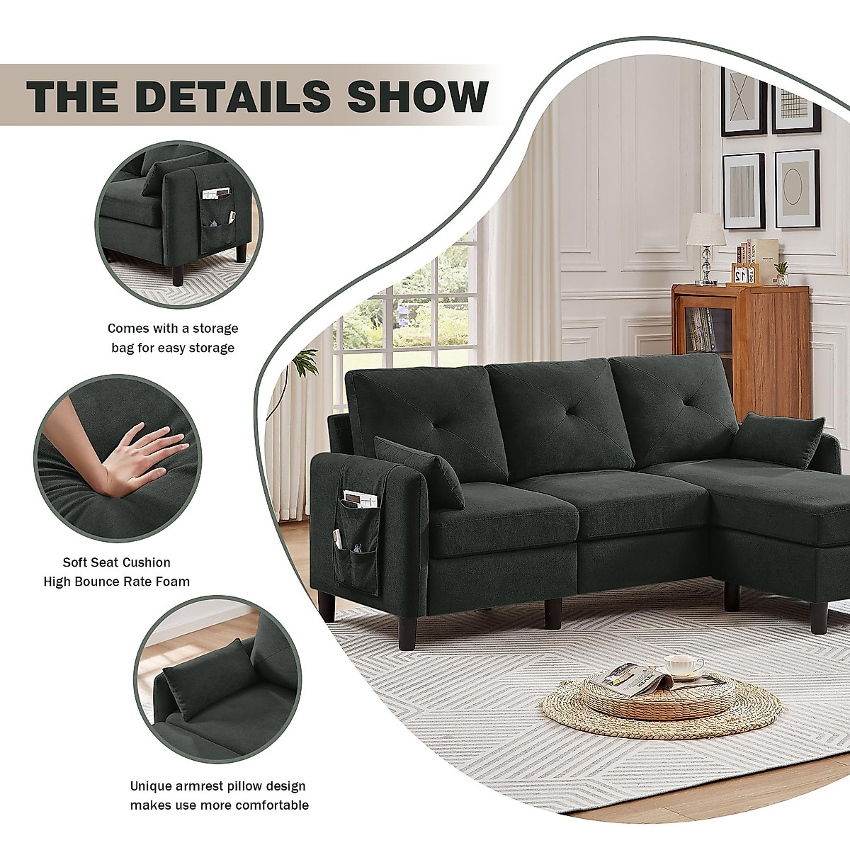 Tornama Convertible Sectional Sofa Couch 3 Seat L Shaped Sofa with Pillows, 77" Linen Fabric Small Couch with Reversible Chaise and Side Pockets for Living Room, Apartment and Office, Black