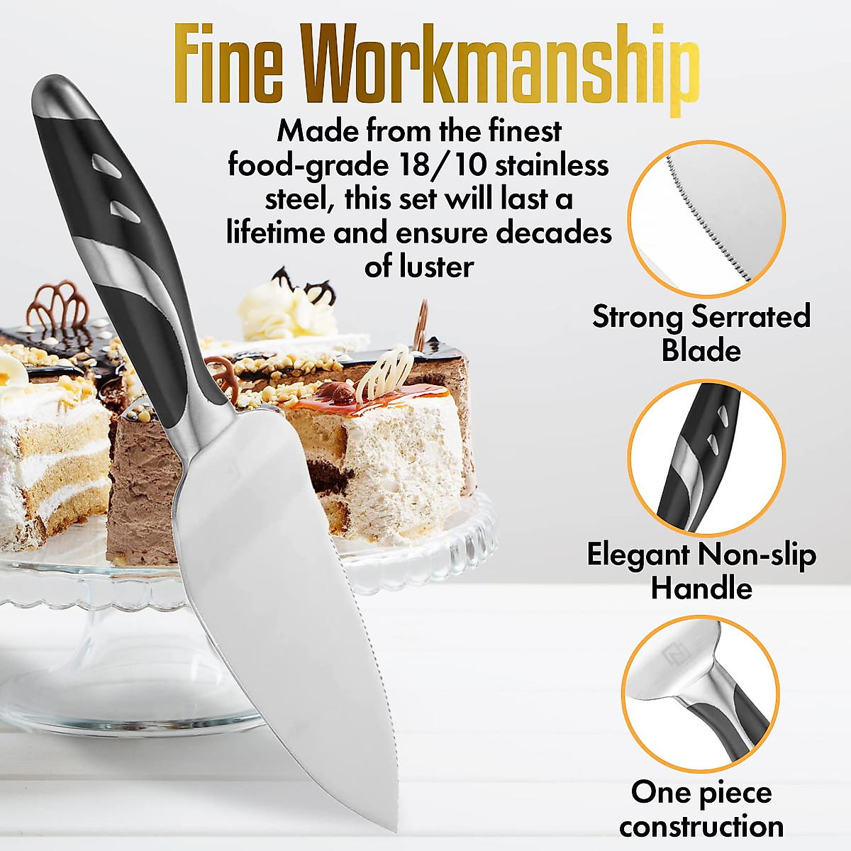 LUSHIG Wedding Cake Knife and Server Set, Stainless Steel Cake Serving Set with Non Slip Swirl Grip, One Piece Construction Cake Cutter Slicer And Server Spatula For Weddings, Anniversaries, Birthday
