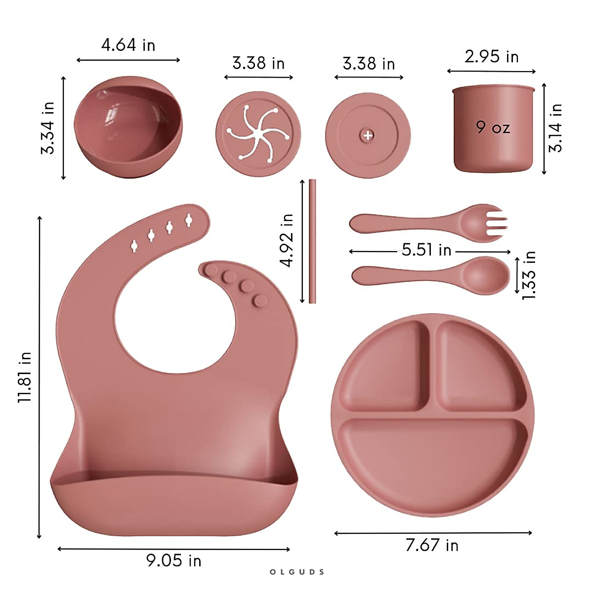 OLGUDS - Silicone Baby Feeding Set - Baby Led Weaning - Toddler Eating Utensils Bib Suction Bowl Divided Plate Sippy Cup - Baby First Stage Solid Food Essentials Dish Set - 6+ Months (Dark Pink)
