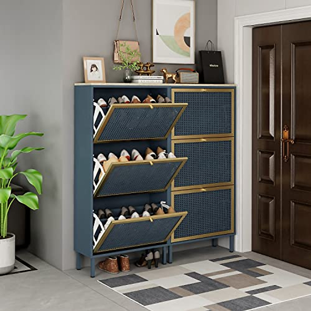 SSLine Industrial Shoe Cabinet with 3 Flip Down Storage Shelves Free-Standing Shoe Rack Elegant Wood Shoe Storage Organizer with Metal Rattan Door for Entryway Hallway Doorway (Blue&Gold-3 Door)