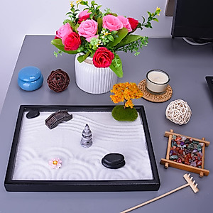 Japanese Zen Garden Kit - Mini Garden with Rock Bridge Pagoda Maple Trees Agate Stones - Meditation Gift Set for Relaxation - Home & Office Desk Decor with Rake Tools and Zen Accessories,Black