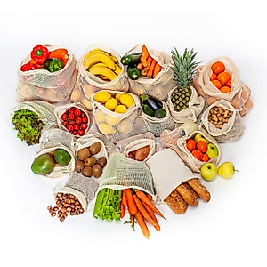 17 Reusable Cotton Mesh Produce Bags - 100% Organic Cotton, Durable, Double Stitched, Washable with Tare Weight & Drawstring - Mesh Bags for Grocery Shopping, Vegetables & Fruits, produce bgs 4 sizes