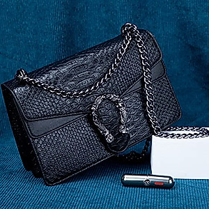 Crossbody Shoulder Square Purse For Women - Fashion Embossed Snake-Print Leather Handbag Metal Chain satchel Tote Bag