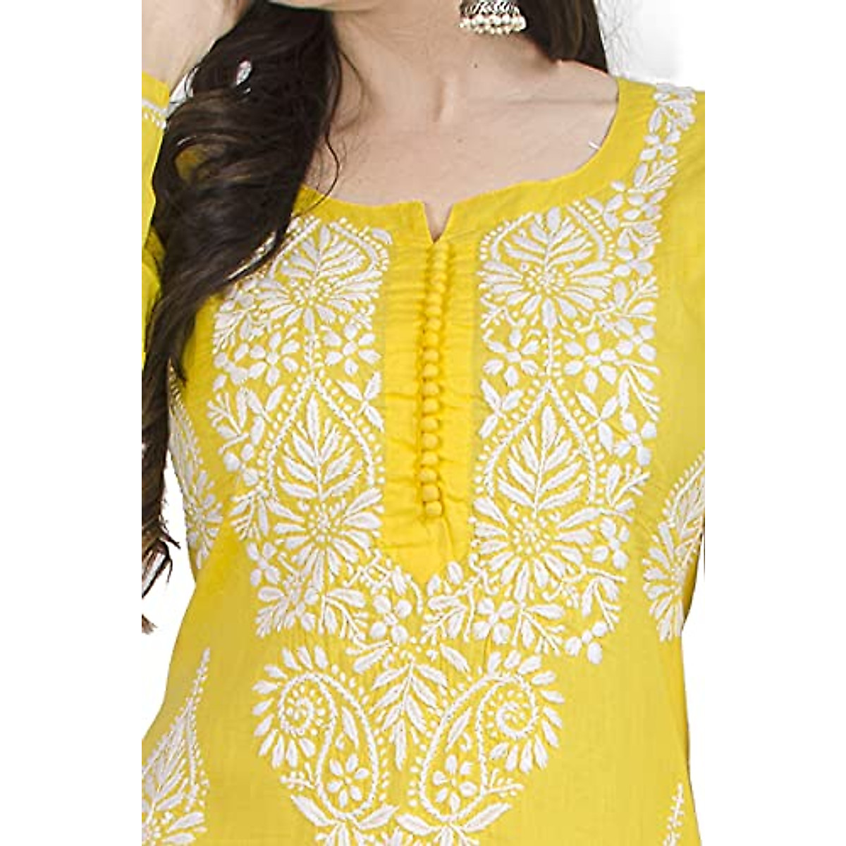 Chandrakala Hand Embroidered Lucknow Chikankari Kurti for Women 100% Cotton Indian Ethnic Tunic,2X-Large (K150YEL5) Yellow