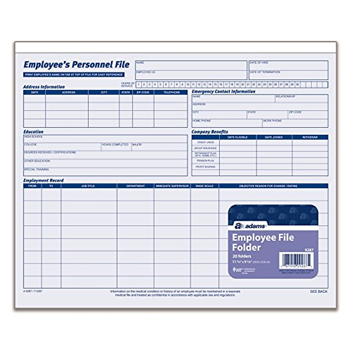 Adams Employees Personnel File Folder, Heavy Card Stock, 11-3/4 x 9-1/2 Inches, Pack of 20 Folders (9287ABF) ,Blue/White