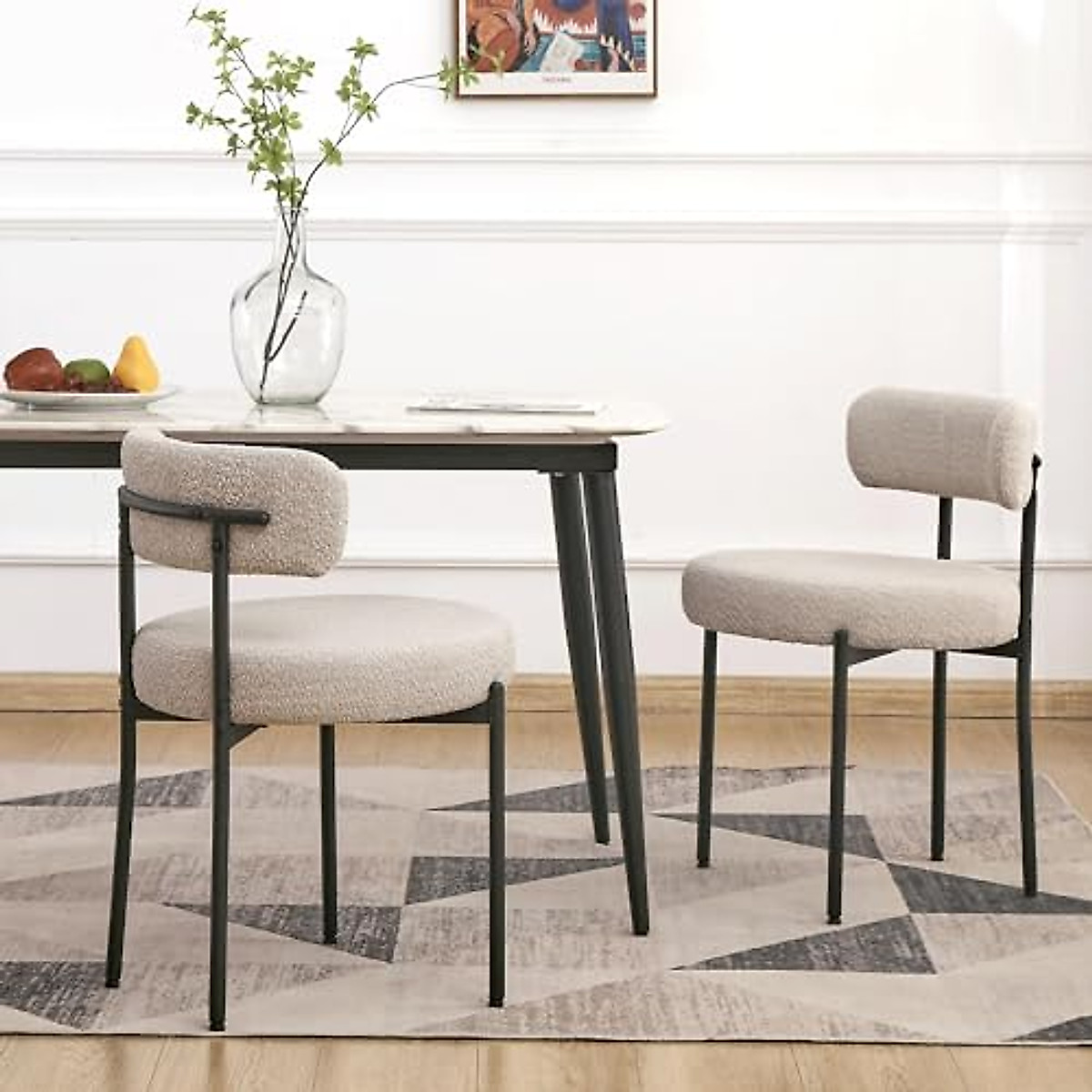 EDWELL Boucle Dining Chairs Set of 2, Round Upholstered Dining Chairs with Black Metal Legs, Modern Dining Room Chairs for Dining Room, Kitchen, Living Room