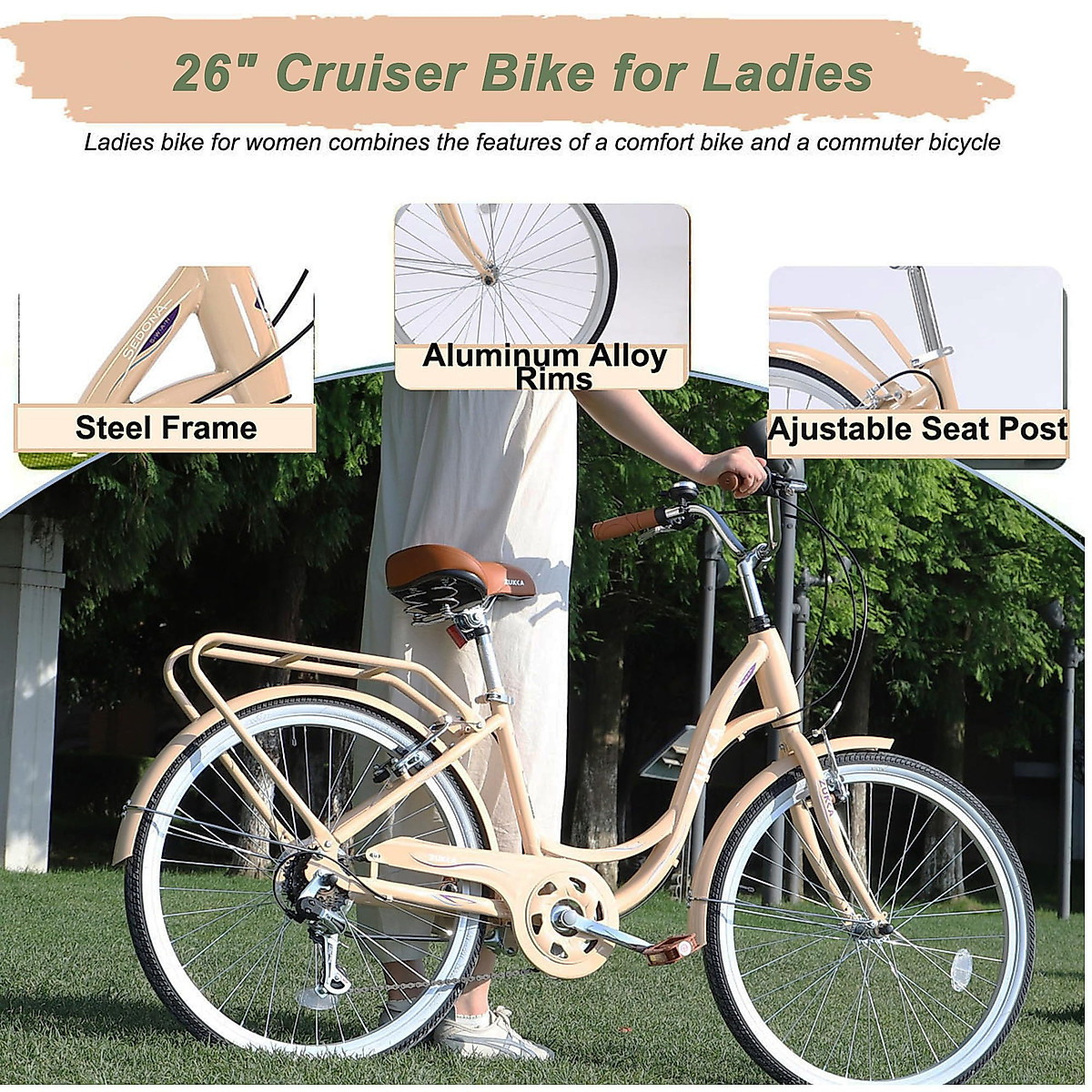 MEGHNA Cruiser Bike Low Step-Through 26inch Commuter Bike V - Brake 7 Speed Shifter Driven City Bike for Women Senior Men (Beige)