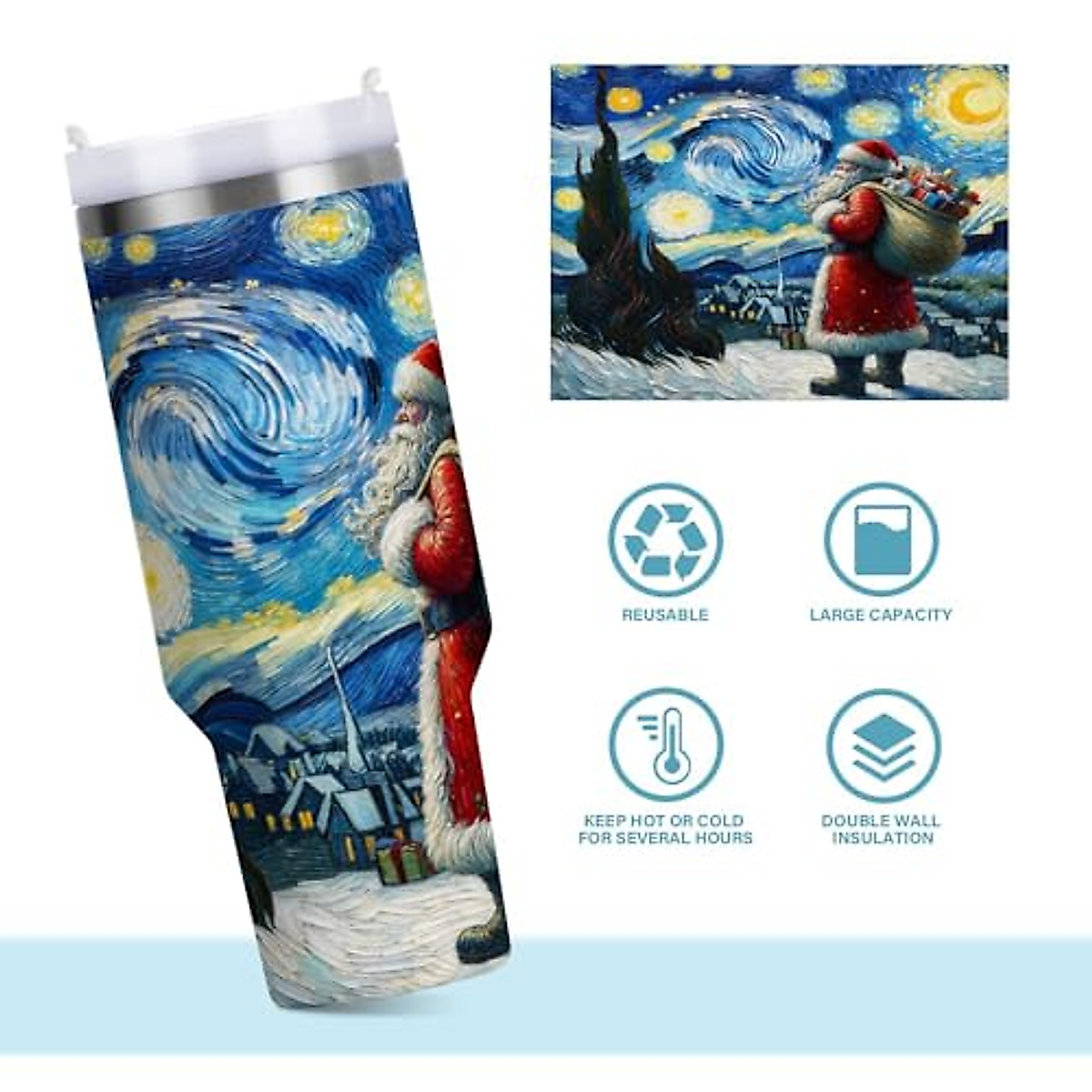 RPLIFE Christmas Santa Claus Starry Night 40 Oz Tumbler with Handle and Straw, Stainless Steel Cups with Lid, Tumblers for Women