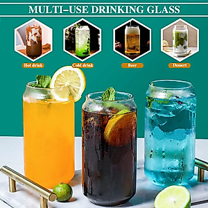 Transparent Glass Cups with Bamboo Lids and Glass Straw, 4pcs 16oz Can Shaped Glass Cups, Beer Glasses, Iced Coffee Glasses, Cute Tumbler Cup, Ideal for Cocktail, Whiskey, Bonus 2 Cleaning Brushes