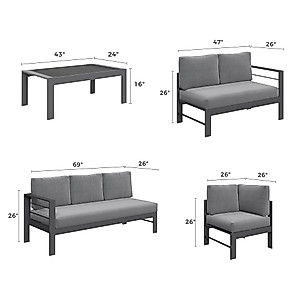 Solaste Aluminum Patio Furniture Set, Metal Patio Sectional Sofa with Imitation Wood Tabletop Coffee Table, Modern Outdoor Furniture Couch with Water-Resistant Cushion for Balcony Backyard, Grey