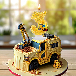 Construction Birthday Candles, Glitter Number Candles for Cake Decorations Yellow Sequined Truck Themed Cupcake Topper for Boys Birthday Party Supplies (Number 3)