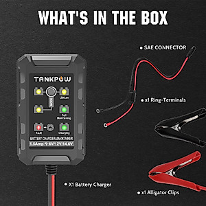TANKPOW 1.5-Amp Smart Car Battery Charger,6V and 12V Automotive Battery Charger Battery Maintainer,Trickle Charger,Float Charger for Cars,Motorcycle,ATV,AGM,Gel,Lithium and Deep Cycle Batteries