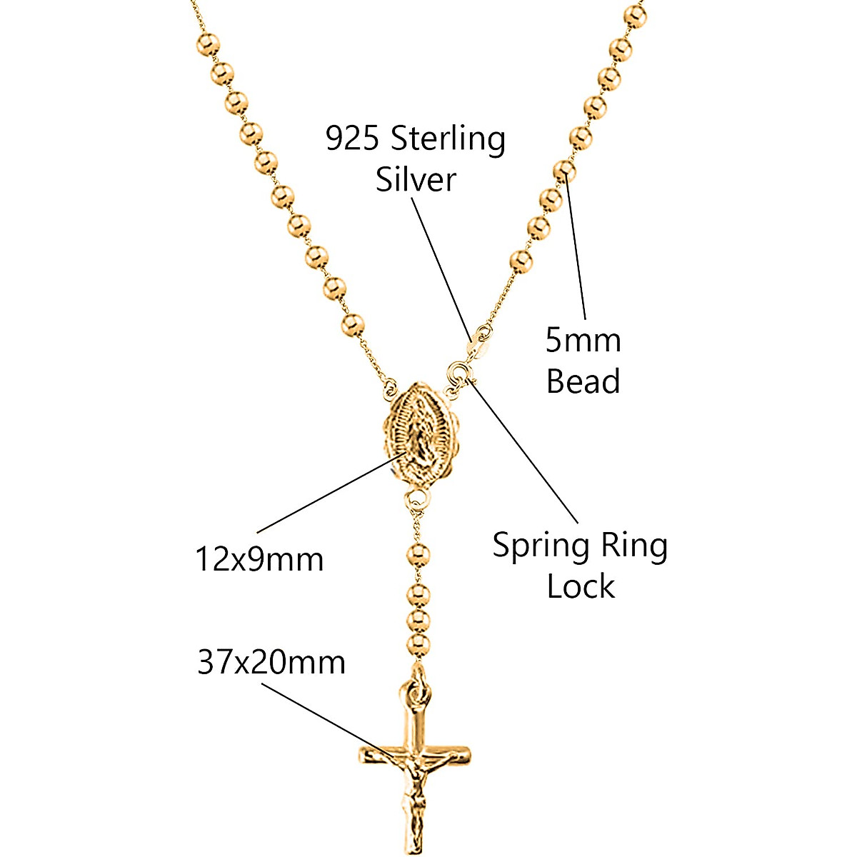 Savlano 925 Sterling Silver Italian Solid Bead Chain Cross & Rosary Virgin Mary Pendant -18K Gold Plated Y Necklace Comes With Gift Box for Women - Made in Italy (24, 5mm)