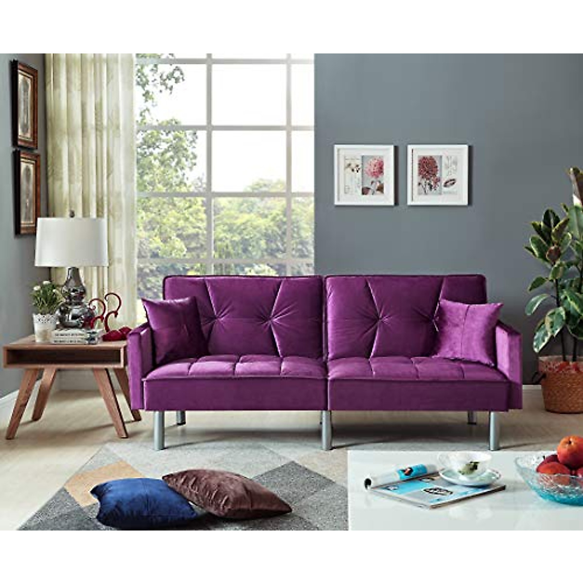 Legend Vansen Velvet Sleeper Loveseat with Pillow Twin Size Contemporary Sofas for Living Room and Bedroom Sofabed, 75.5'', Purple