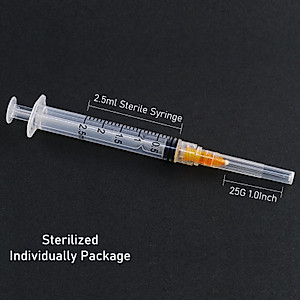 2ml Luer Lock Syringe With 25 Gauge 1 Inch Needle,Disposable Individual Package,Pack of 20