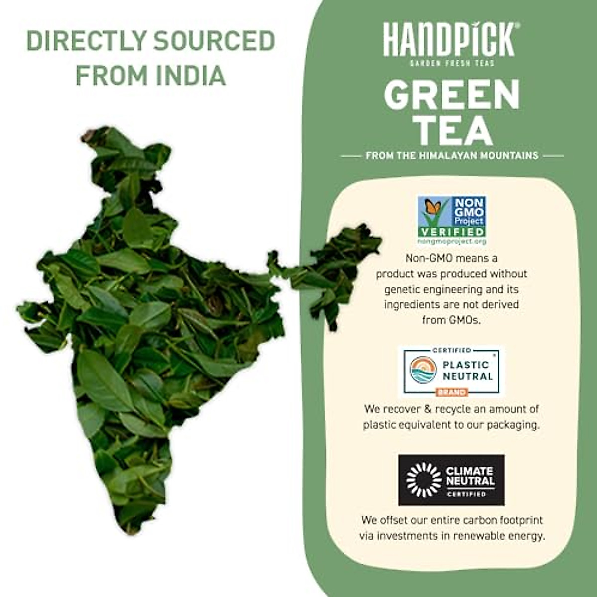 HANDPICK, Organic Green Tea Bags - 100 Tea Bags | Resealable Bag, Round & Eco-friendly Tea Bags | Direct From India