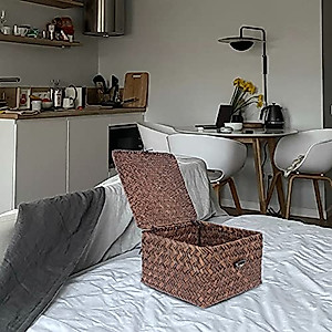 Cabilock Home Storage Basket 3 pieces Woven Basket Seagrass wicker basket with lid Decorative Storage Boxes With Lids Basket With Lid Rattan Storage Basket Rattan Storage Basket