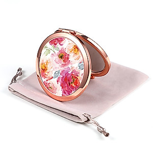 Dynippy Compact Mirror Rose Gold Makeup Mirror Folding Mini Pocket Mirror Portable Hand Mirror Double-Sided 2 x 1x Magnification for Woman Girls (A-Watercolor Flower)