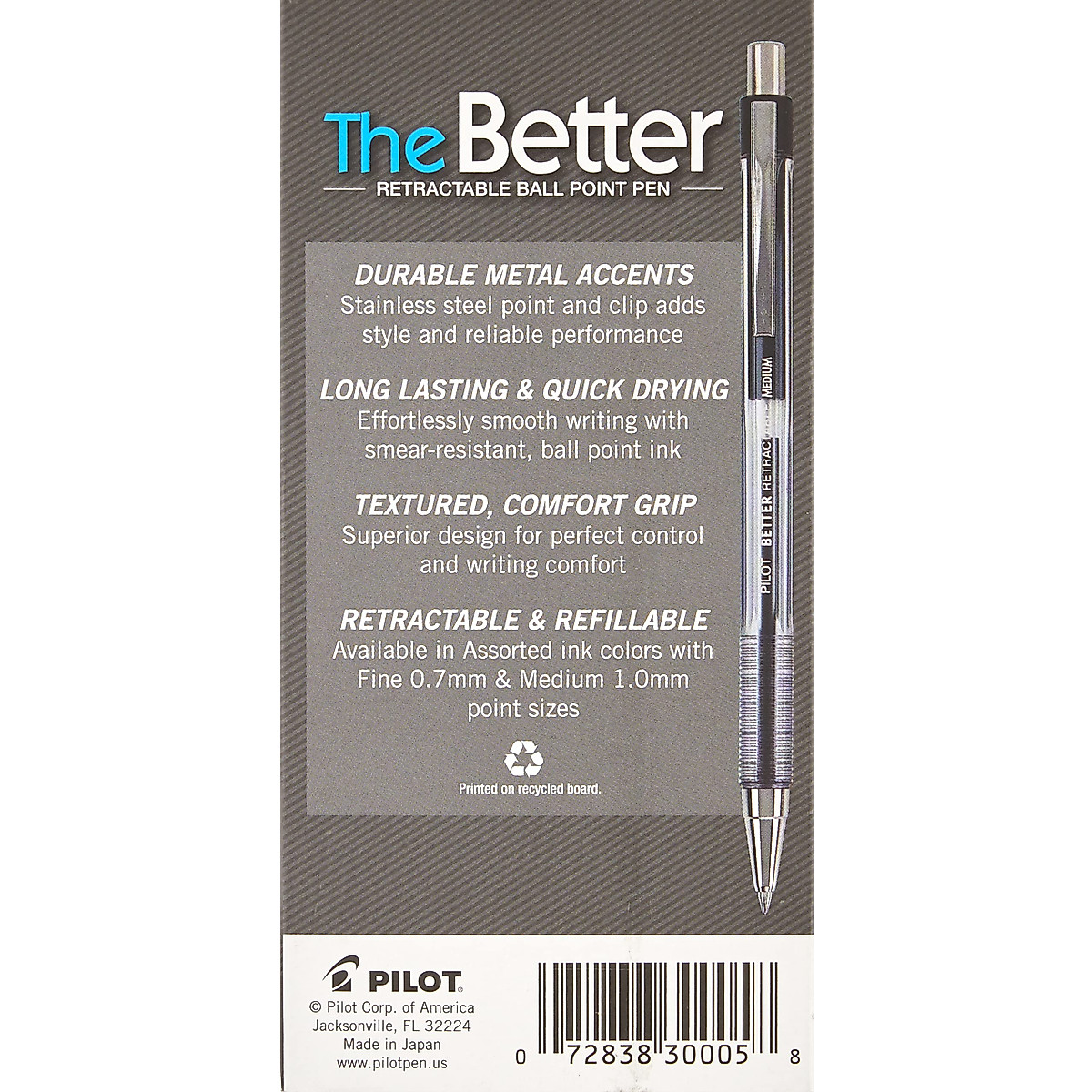 PILOT The Better Ball Point Pen Refillable & Retractable Ballpoint Pens, Medium Point, Black Ink, 12-Pack (30005)
