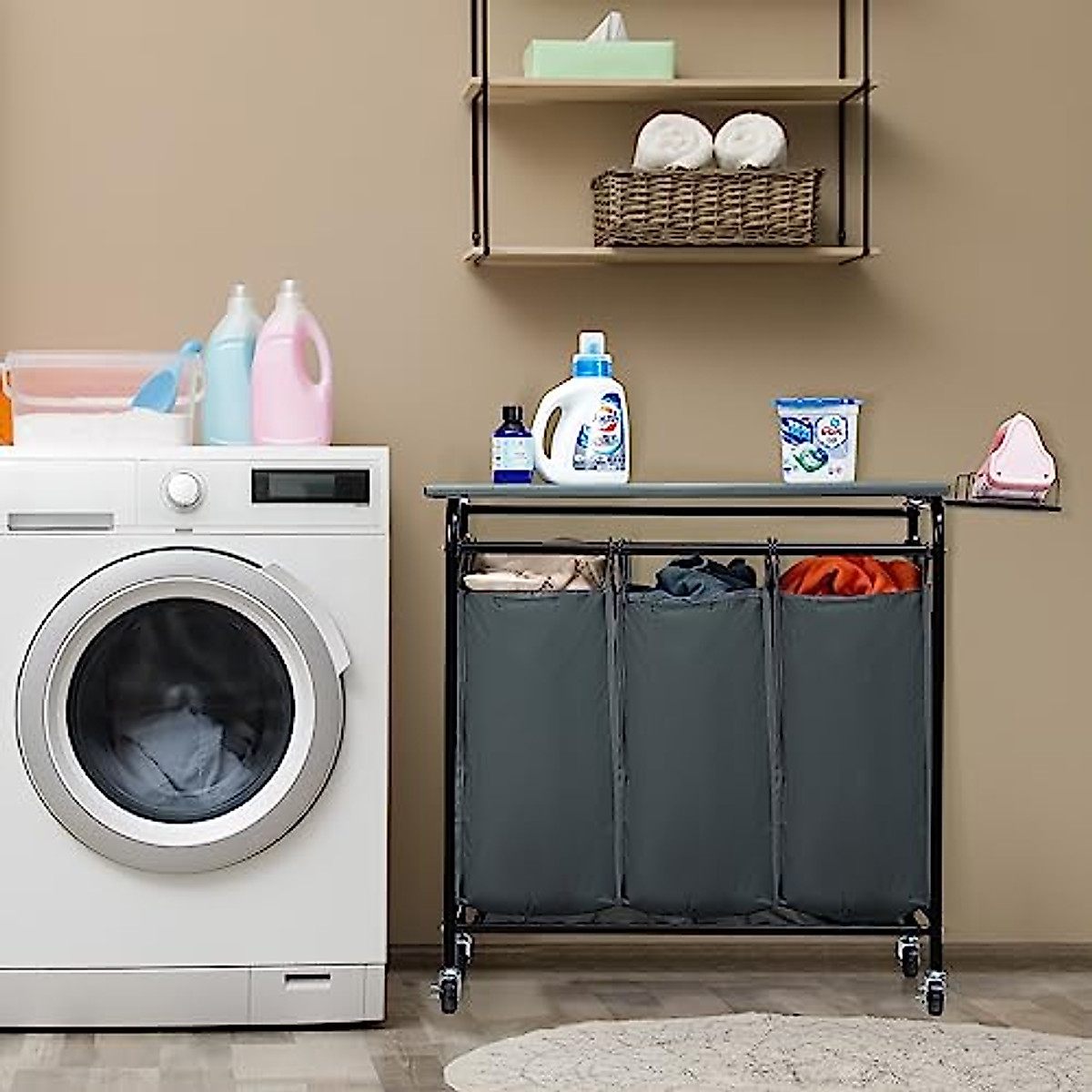 ALIMORDEN 3 laundry basket sorter with foldable ironing board,Removable Bag 3 laundry basket sorter with wheels Dark Grey