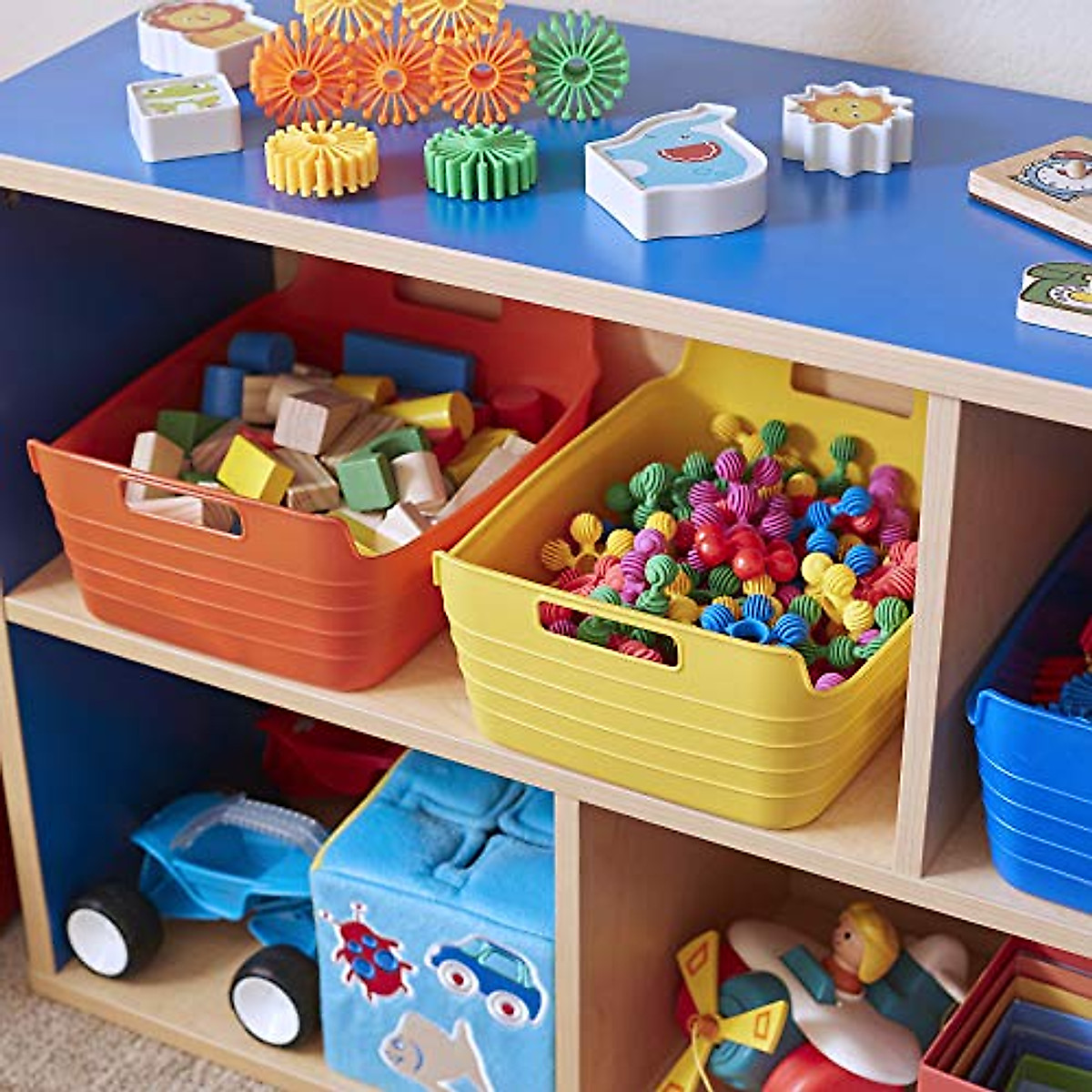 ECR4Kids Bendi-Bins with Handles, Multipurpose Flexible Plastic Storage Baskets, Stackable Baskets, Soft Plastic Storage Bin, 13in x 10in, 6-Piece - Assorted