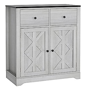 FOTOSOK Kitchen Cabinet with 2 Doors and 2 Drawers, Farmhouse Buffet Cabinet with Adjustable Shelves, Storage Cabinet Coffee Bar for Kitchen Entryway Living Room, Grey