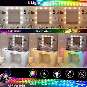 HUANLEGO Vanity Desk with Mirror and Lights, Makeup Vanity with Charging Station & Vanity Stool, 3 Drawers and Cabinets White Vanity Mirror with RGB LED Lights Vanity Desk and Chair for Women