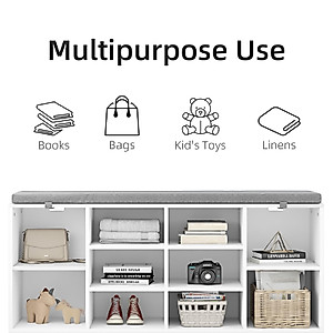 NUNU LAB Shoe Storage Bench, Shoe Bench with Removable Cushion, Storage Entryway Bench with 10 Cubbies, Space Saving Shoe Rack with Bench, 41 x 12 x 16.75 Inches, White Shoe Bench