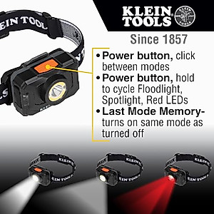 Klein Tools 56414 Rechargeable 2-Color LED Headlamp, Fabric Strap, Spotlight, Floodlight, Red LED, 800 Lumens, USB Cable, Camping, Running