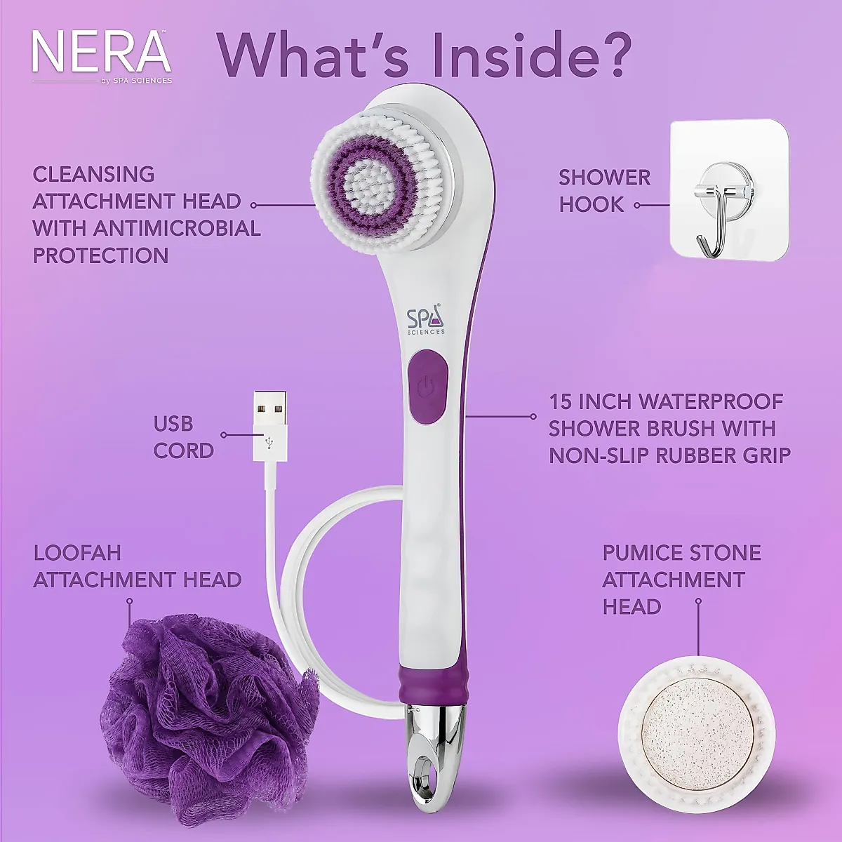 Spa Sciences - NERA - Power Shower Brush - 3-in-1 Multifunction Back & Body Brush - Exfoliation, Cleansing, Massaging - for All Skin Types - Includes Body Brush, Loofah, & Pumice Stone - USB Charging