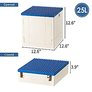 SHIMOYAMA Folding Duplo Storage Box, 2 Pack, 25L Storage Bin with Building Lid, 26 Qt. Collapsible Organizer for Duplo Blocks, Green and Blue