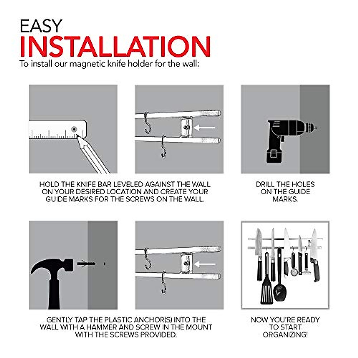Modern Innovations (16 Inch) Stainless Steel Metal Magnetic Knife Holder, Wall Mount Double Bar with 8 Hooks - Multipurpose Knife Magnetic Strip, Utensil hanger, and Kitchen Storage Rack Magnet