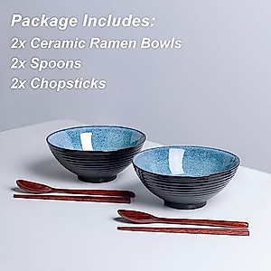 Auanlay 8 Inch Ceramic Ramen Bowl Set of 2, Porcelain 40 oz Japanese Udon Soba Pho Asian Soup Noodle Bowls with Chopsticks and Spoons