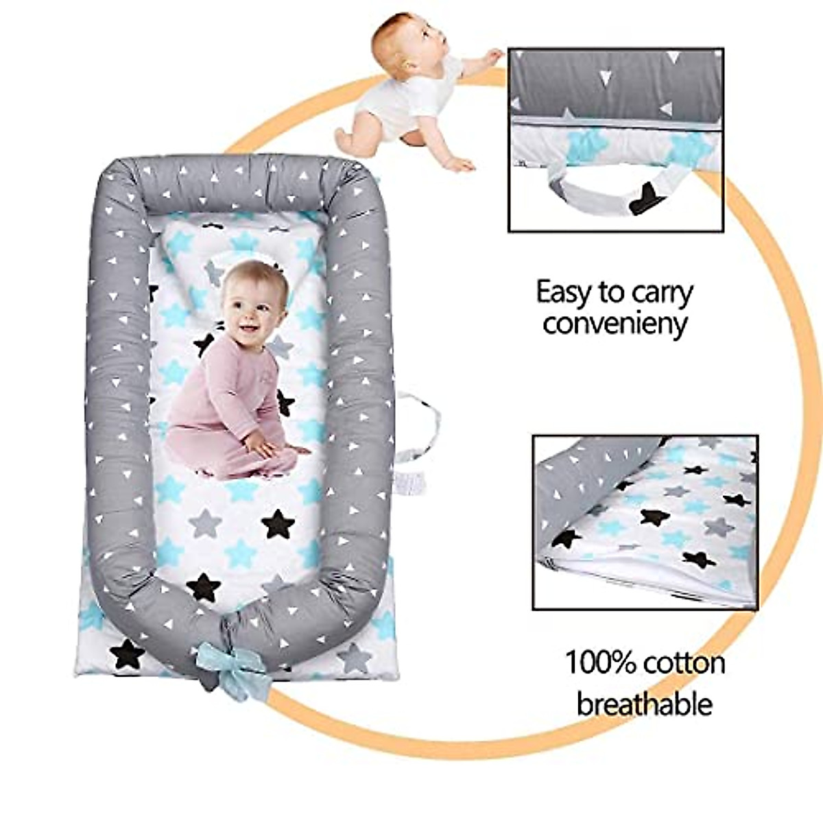 Baby Lounger Cover Baby Nest Cover 100% Cotton Breathable Sleeping Bed Cover for Newborn Nest Co Sleeping Bed Machine Washable (Star)