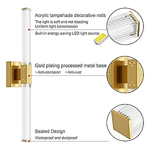 Ralbay Gold Bathroom Vanity Lights Fixtures Over Mirror 24 inch Modern LED Acrylic Gold Bathroom Wall Mounted Lighting Bar 22W 5500K White Light