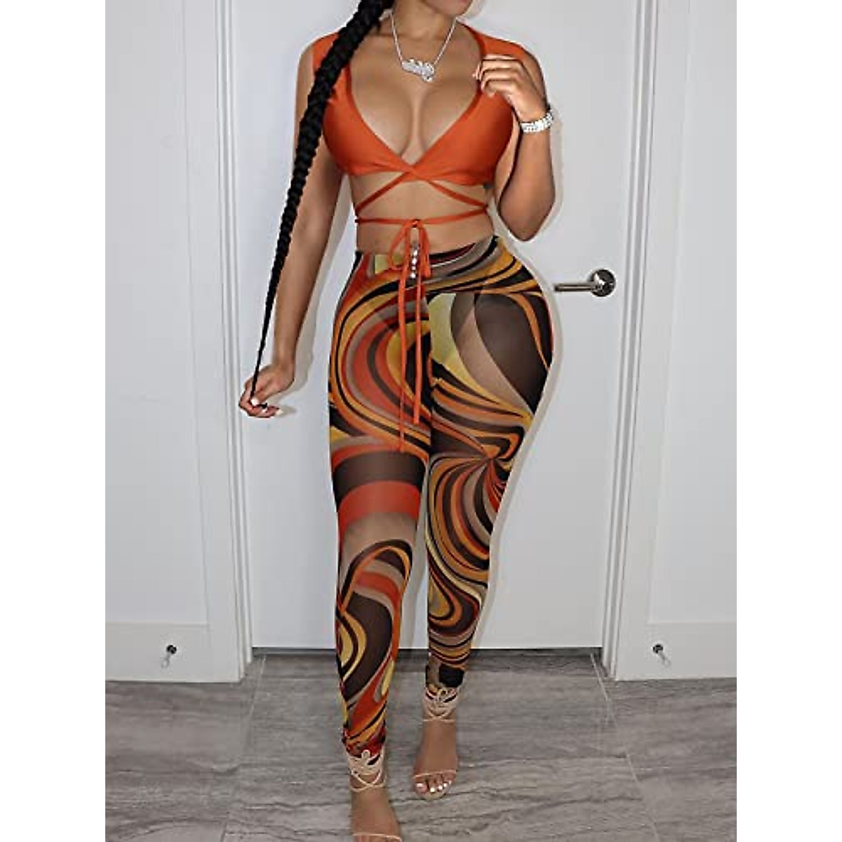 Uni Clau Women Sexy See Through Two Piece Jumpsuits Tie Dye Short Sleeve Bandage Crop Tops Sheer Mesh Skinny Long Pants Club Romper Outfits Orange XL