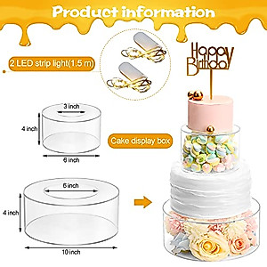 2 Pcs Clear Acrylic Cake Stand Fillable Cake Stand Cake Riser Cake Tier Cake Display Round Cake Stand Wedding Cake Stand Cylinder Stand for Party Birthday(10 inch,6 inch,with Lights)