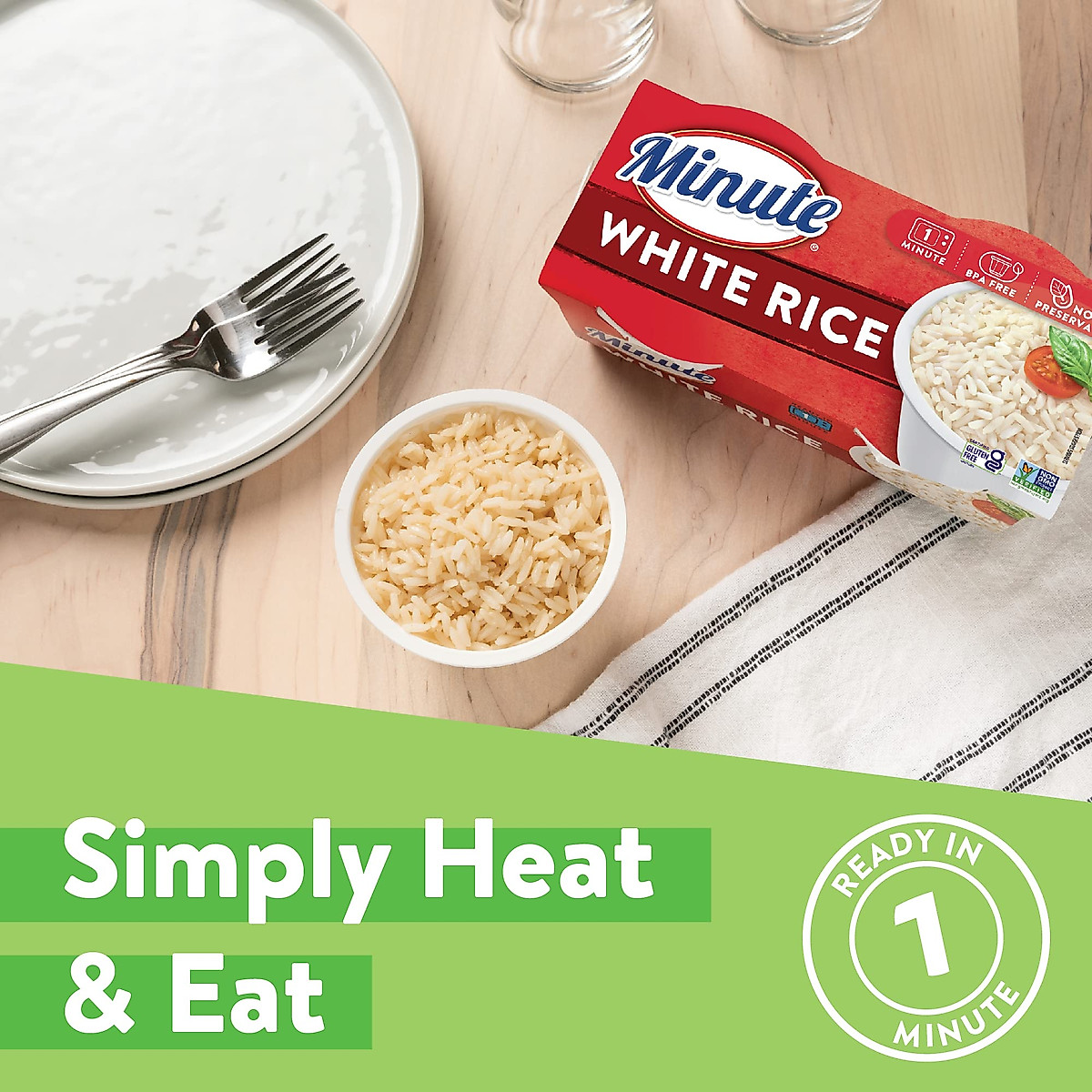 Minute Ready-to-Serve White Rice, Microwavable Rice Cups, 4.4-Ounce Cups, 2 Count, (Pack of 8)