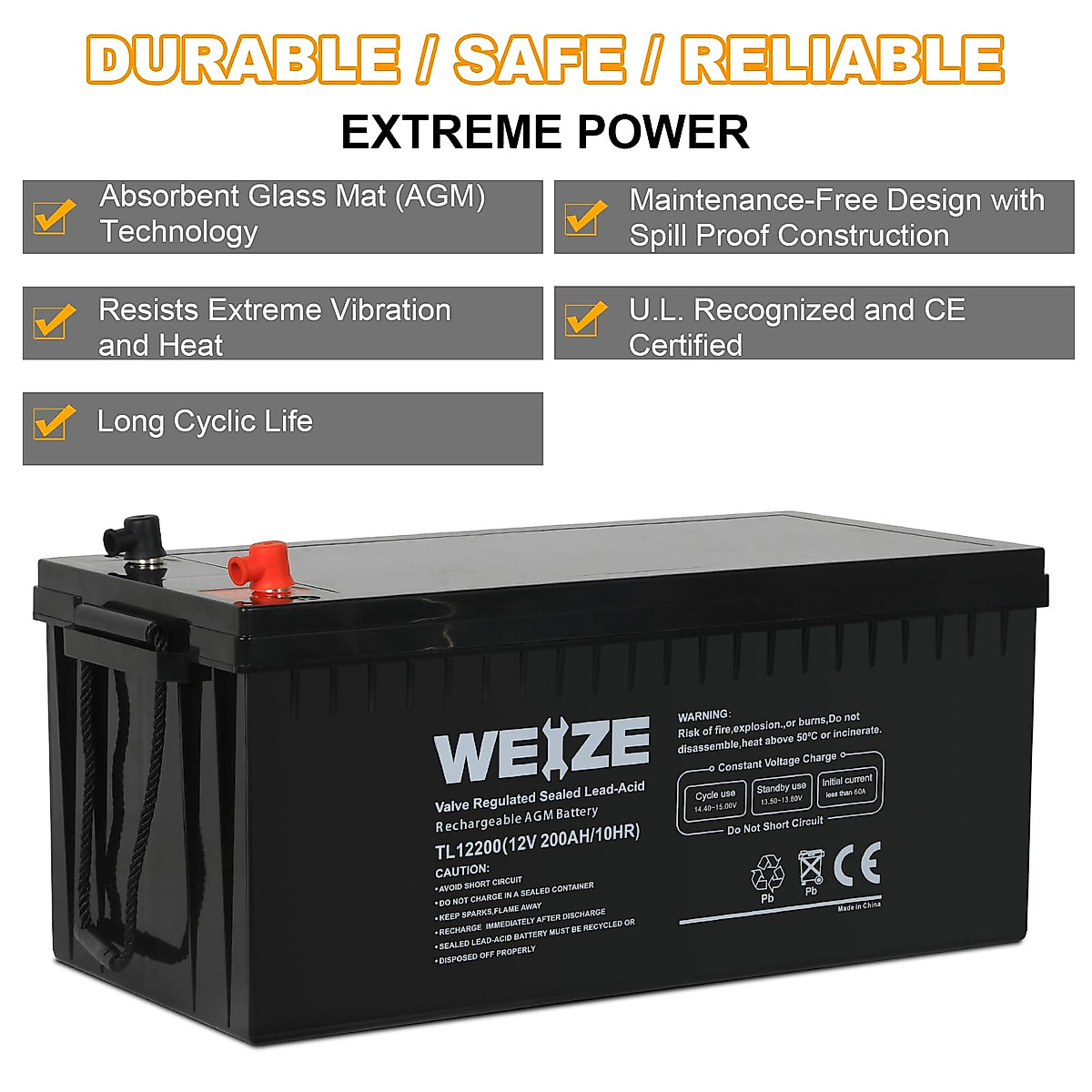 WEIZE AGM Group Size 4D Battery, 12 Volt 200Ah Deep Cycle Battery Perfect for RV, Caravan, Camping, Camper Trailers, Camper Vans, Motor-Homes, Marine, 4WDs & Off Grid Solar
