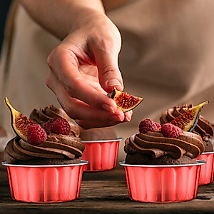 100 Pack Disposable Ramekins with Lids 8 oz Creme Brulee Ramekin Aluminum Foil Cup Cupcake Liner for Baking Disposable Muffin Tin Pan Cheesecake Container for Catering Wedding Party (Red, Silver)