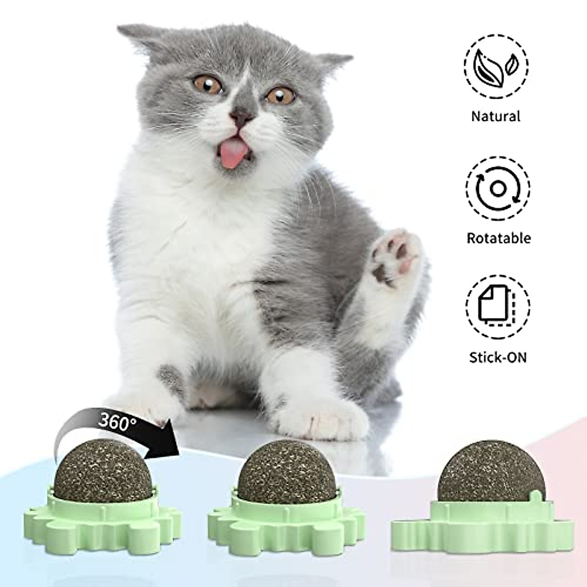 Catnip Balls for Cats Wall, 3 Pack Edible Cat Nip Ball Products for Cats Kitty Chew Toy, Rotatable Interactive Cat Kitten Toys of Indoor Cats for Teeth Cleaning, Health and Cat Wall Treat (GREEN)