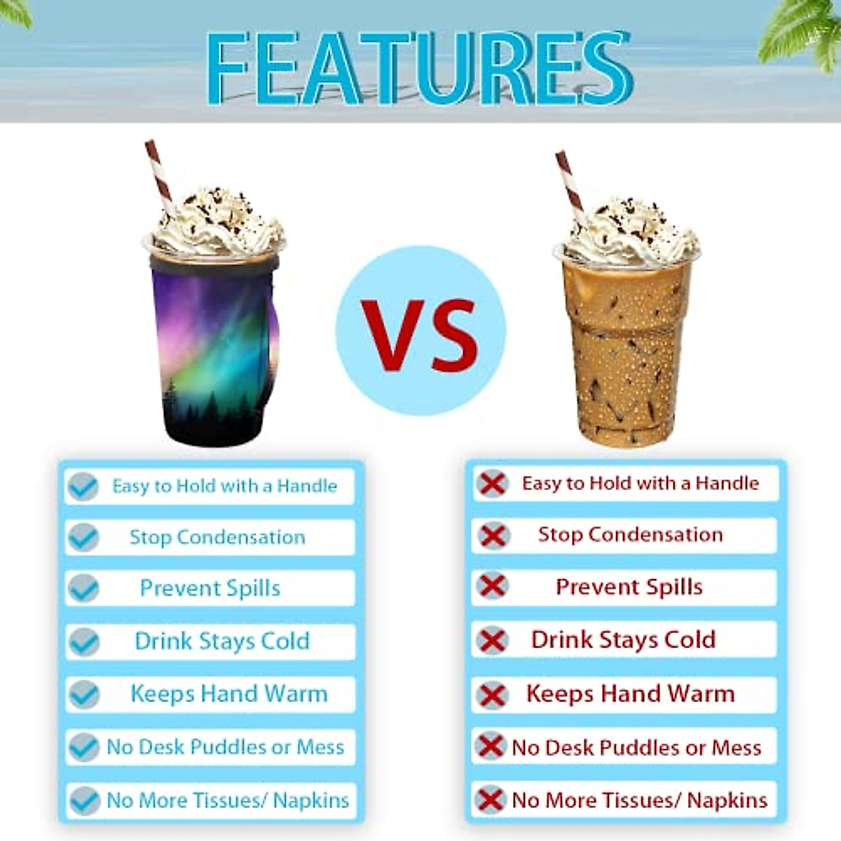 Reusable Iced Coffee Sleeve with Handle Northern lights aurora Insulator Neoprene Cup Sleeve for Cold Drinks Beverages, Men Women Beverages Sleeve Coffee Sleeve Holder 30-32oz