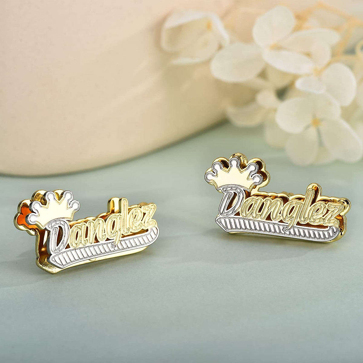 Stud Earrings Personalized for Women 18K Gold-Plate Custom Name Earrings Double Plate Personalized Stud Earrings with Crown Customize Earrings Jewelry Gift for Mother' Day
