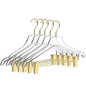 Quality Lucite Acrylic Clear Skirt Pants Trousers Bottom Hangers 5-Pack, with Adjustable Metal Clips, Made of Clear Acrylic for a Luxurious Look and Feel with Swivel Hook (Matte Gold, 5)