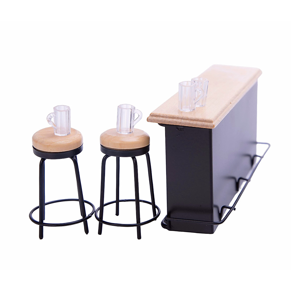 SUCCUNA Dollhouse Furniture Mini Wooden Pub Table Set Miniature Bar Counter Chairs with Tiny Wine Bottle Magazine for Home Desktop Craft Decor Props