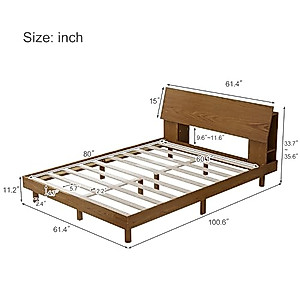 Livavege Queen Bed Frame with LED Lights Headboard, Mid Century Wood Platform Bed w/Storage Shelf and Charging Station, Wooden Slats Support, Queen Size Bedframe No Box Spring Needed, Easy Assembly