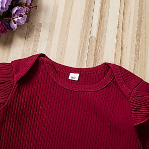 Kuriozud Newborn Infant Baby Girl Fall Winter Clothes Ruffle Ribbed Romper Tops Floral Pants Headband Outfit 2 Piece Set (red, 3-6 Months)