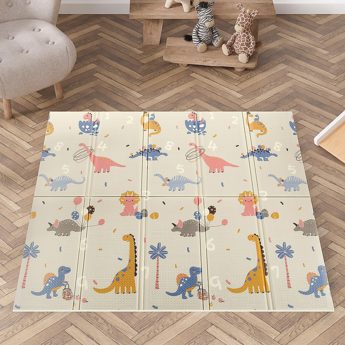Easy Baby Extra Large and Thick (0.6in) Foam Play Mat for Babies and Toddlers | Nontoxic, Foldable, Washable, and Waterproof Playmat 77” x 70” (Dinosaurs Pattern)